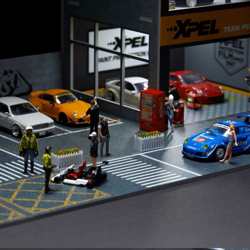 1/64 Xpel Team Penske Two floor garage diorama with outdoor carpark for ...