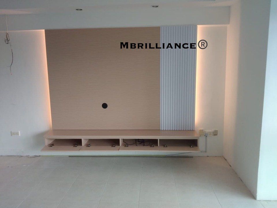 8ft tv console ceiling height feature wall with fluted panel, Furniture ...