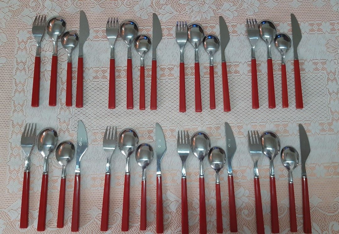 Anacapa Red Handle Stainless Steel Cutlery Set x32 pcs, Furniture ...
