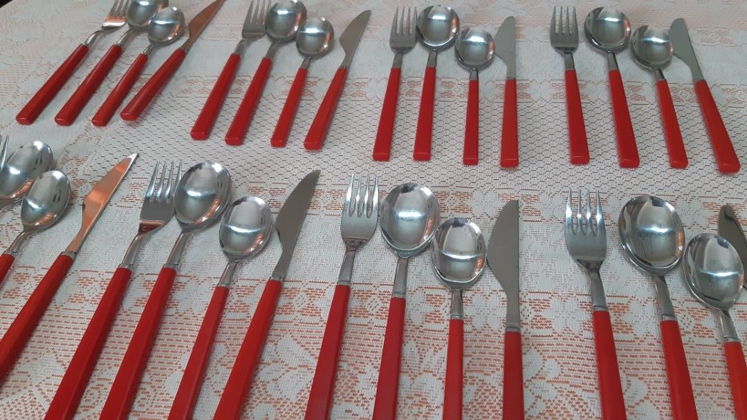 Anacapa Red Handle Stainless Steel Cutlery Set x32 pcs, Furniture ...