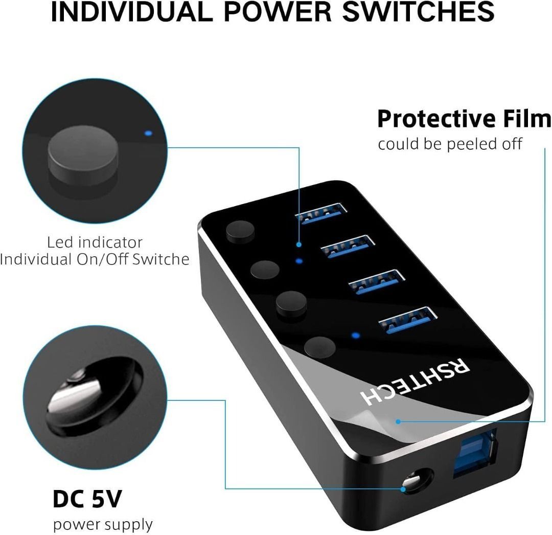 [B1808] Powered USB Hub RSHTECH Aluminum 4-port USB 3.0 Hub with 5V/2A ...