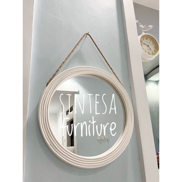 Cermin Bulat Strap 46cm Rotan Sintetis/ cermin aesthetic walldeco ...