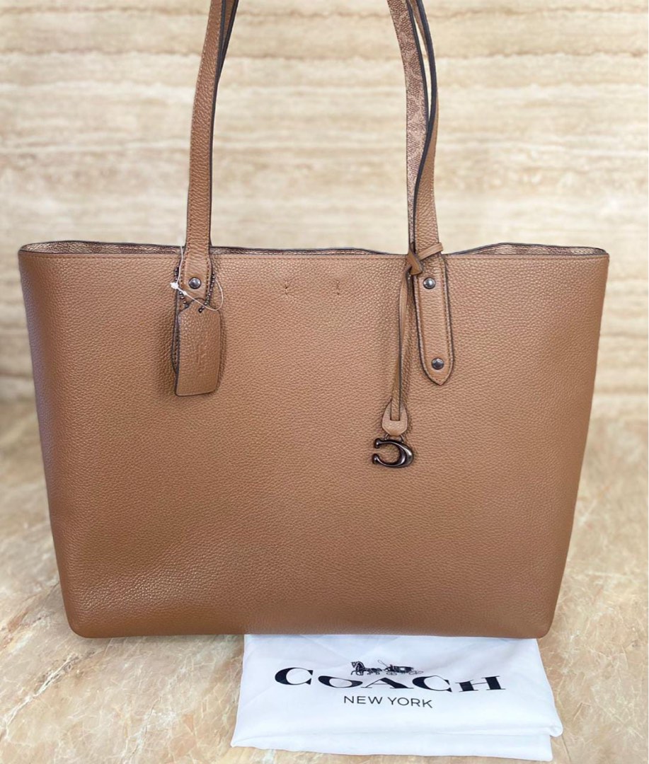 Coach Butik Central Tote With Signature Leather Blocking Brown, Barang ...