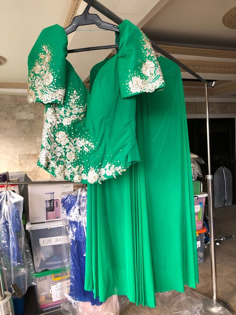Green filipiniana gown with beadwork accents - terno with butterfly ...