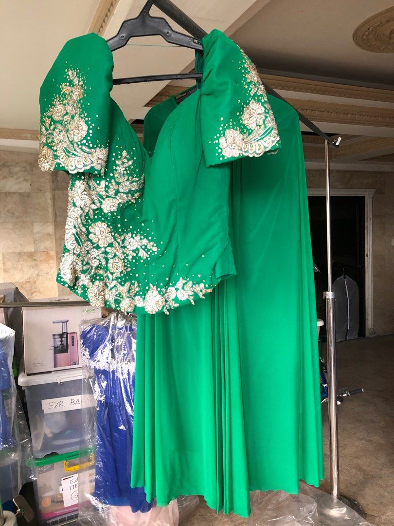 Green filipiniana gown with beadwork accents - terno with butterfly ...