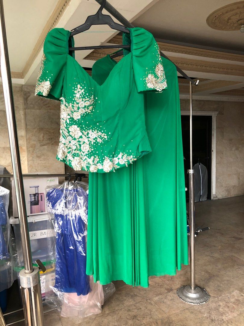 Green filipiniana gown with beadwork accents - terno with butterfly ...