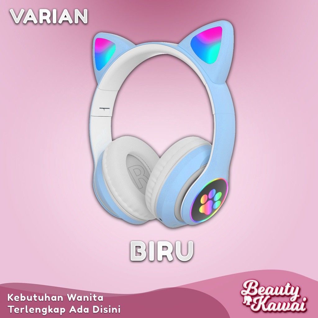 Headset Kucing LED Bluetooth Headphone Wireless TWS Cat Ear Bando ...