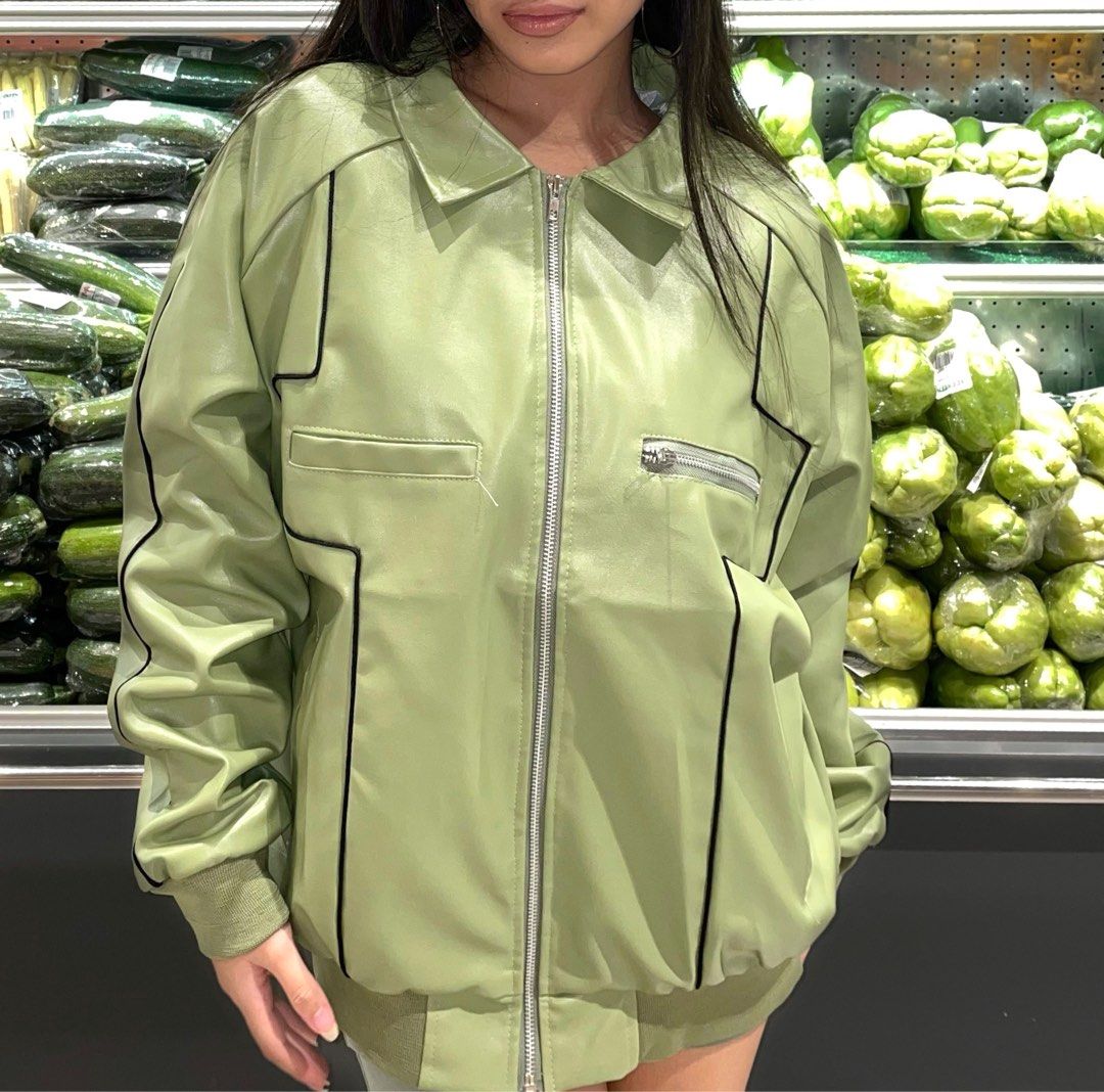 Leather Jacket Avocado Green Y2K Aesthetic, Men's Fashion, Coats ...