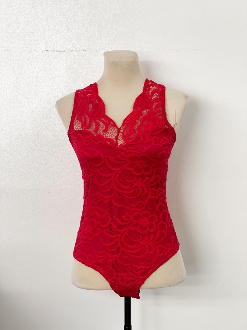 Lustre red lace bodysuit, Women's Fashion, Tops, Others Tops on Carousell