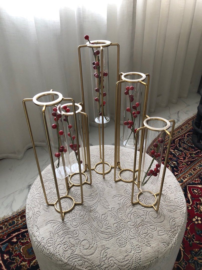 Modern 5 Glass Cylindrical Vases in Connected Brass-Coloured Stands ...