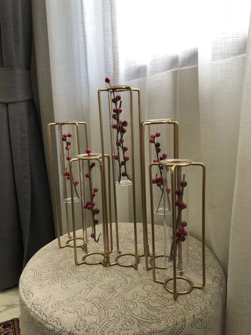 Modern 5 Glass Cylindrical Vases in Connected Brass-Coloured Stands ...