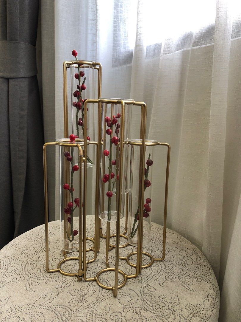 Modern 5 Glass Cylindrical Vases in Connected Brass-Coloured Stands ...