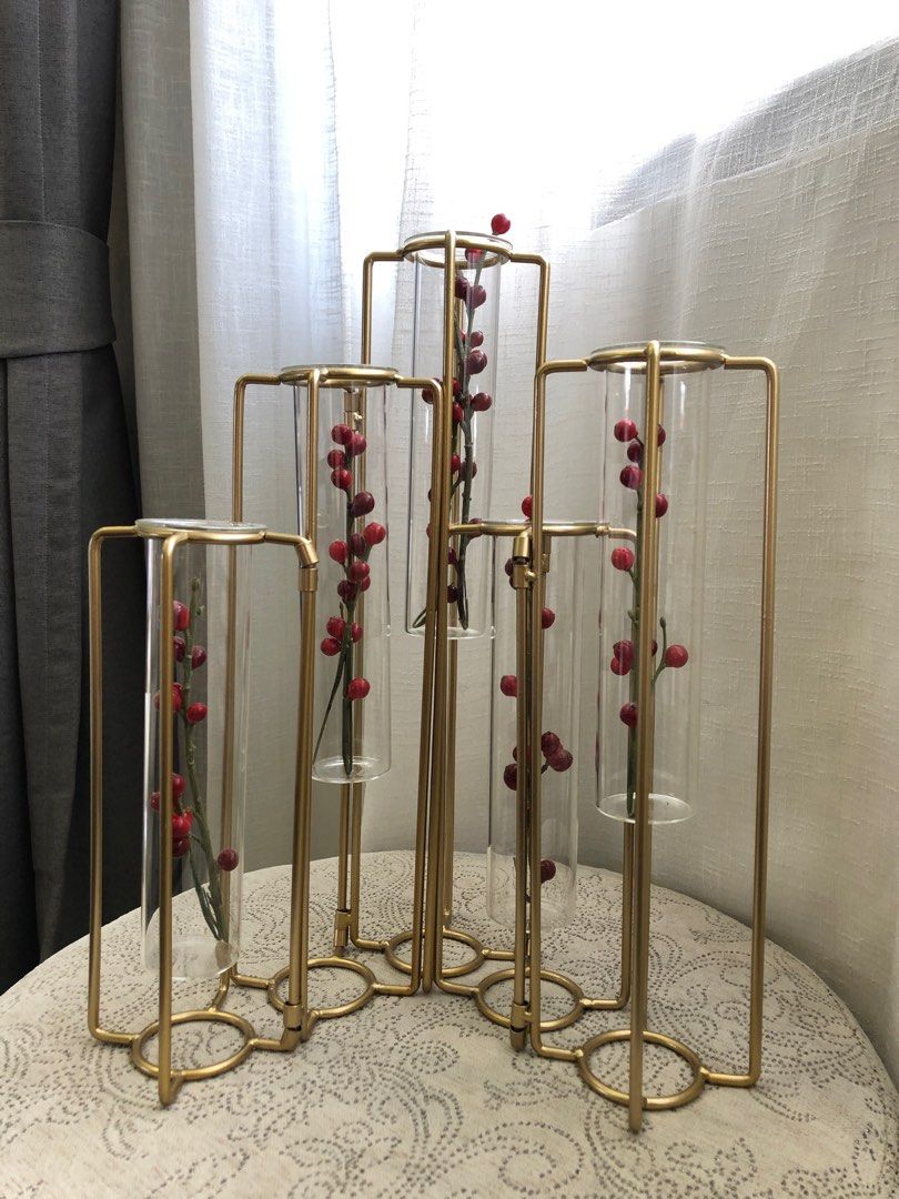 Modern 5 Glass Cylindrical Vases in Connected Brass-Coloured Stands ...
