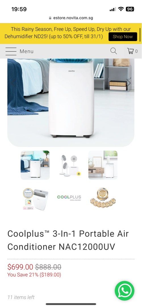 Novita coolplus 3-in-1 portable airconditioner fan dehumidifier, TV & Home Appliances, Air ...