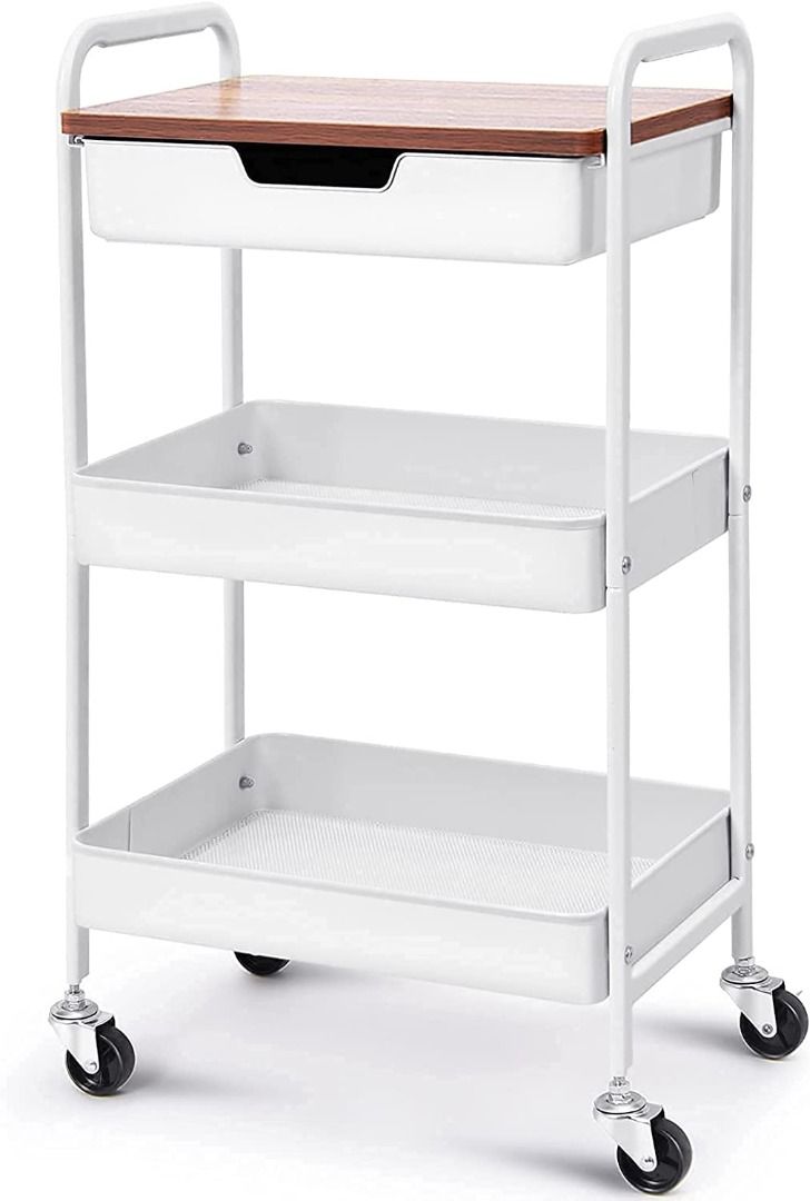 TOOLF 3-Tier Utility Rolling Cart with Wooden Board and Drawer, Metal ...
