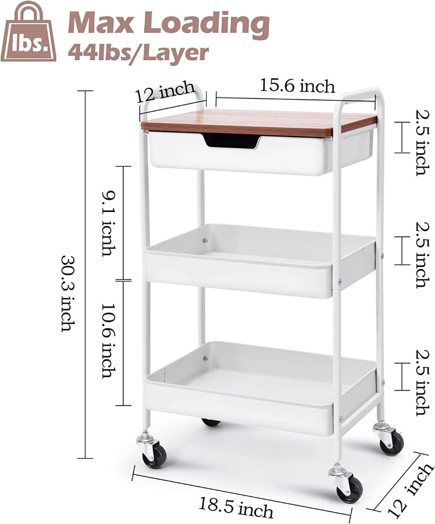 TOOLF 3-Tier Utility Rolling Cart with Wooden Board and Drawer, Metal ...