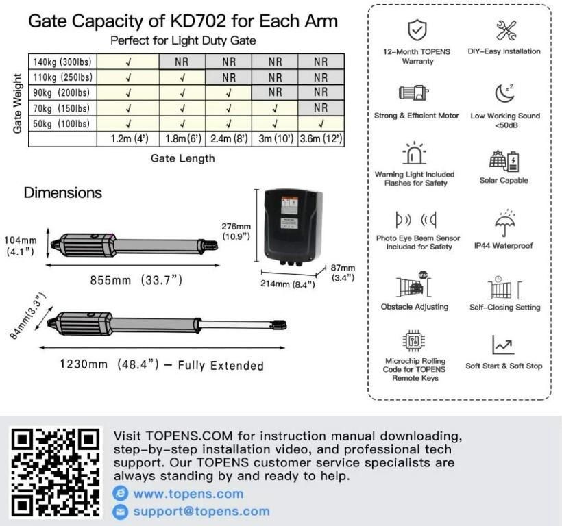 TOPENS KD702 Automatic Gate Opener Kit Light Duty Electric Dual Gate ...