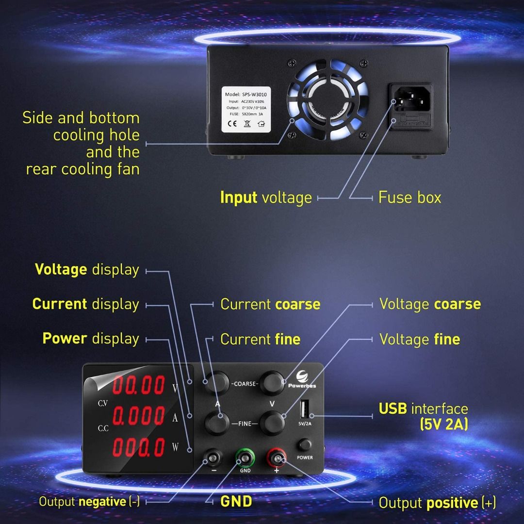 1330) POWERBES DC Power Supply Variable - Adjustable Switching Regulated Benchtop Power Supply ...