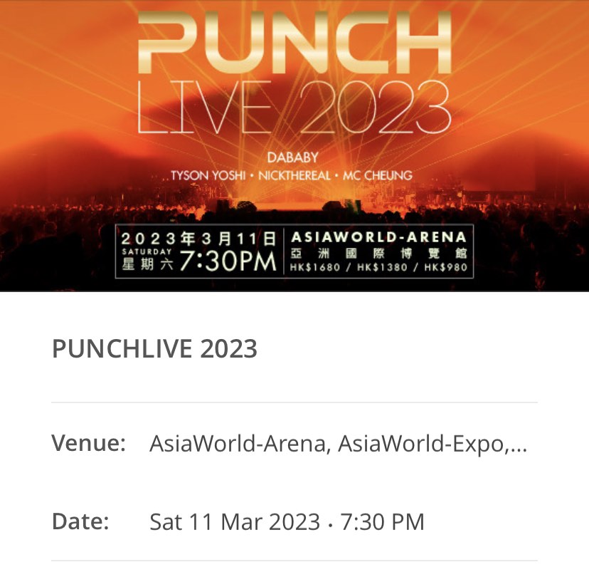 代訂 代購 punch live 2023 tyson yoshi mc 周湯豪 dababy, 門票＆禮券, 活動門票 - Carousell