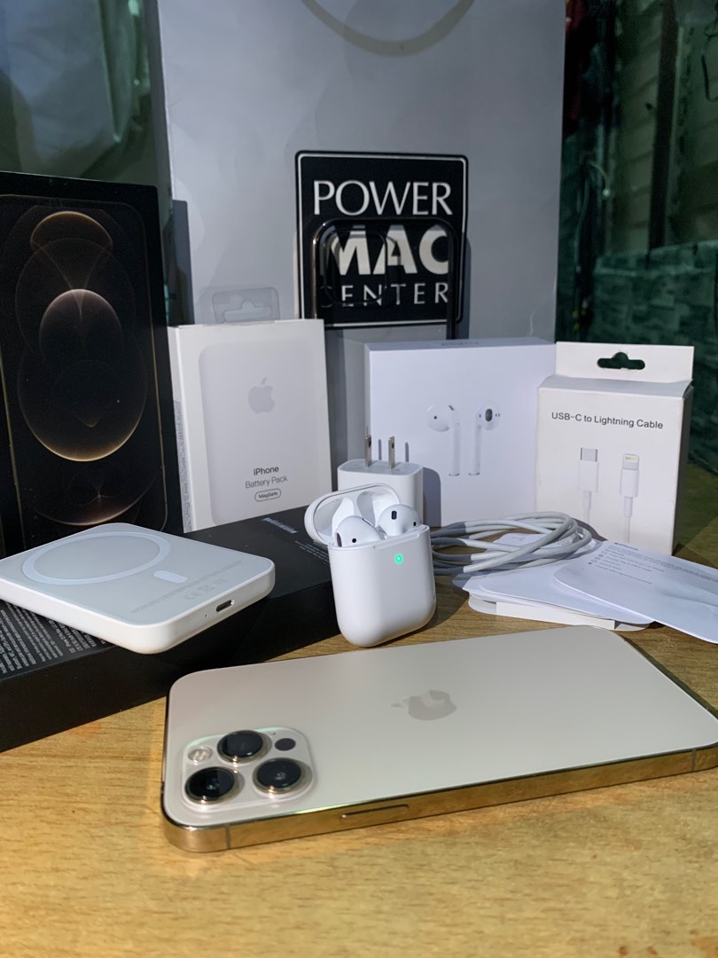 iphone 12 promax 128gb gold with box, magsafe , airpods and 20 watts ...