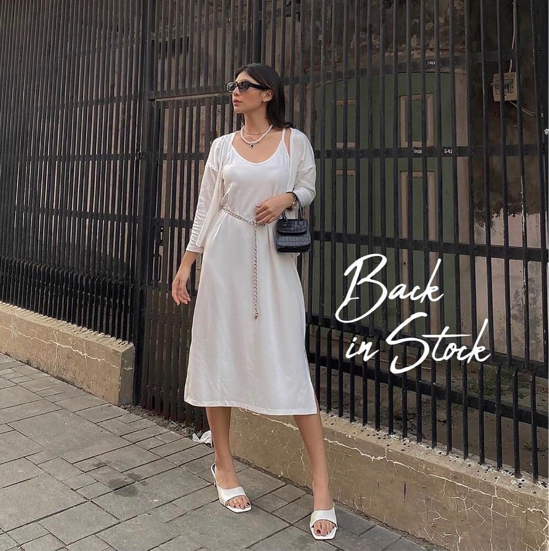 (Cardigan + Dress) Ocha wear white dress putih set, Fesyen Wanita ...