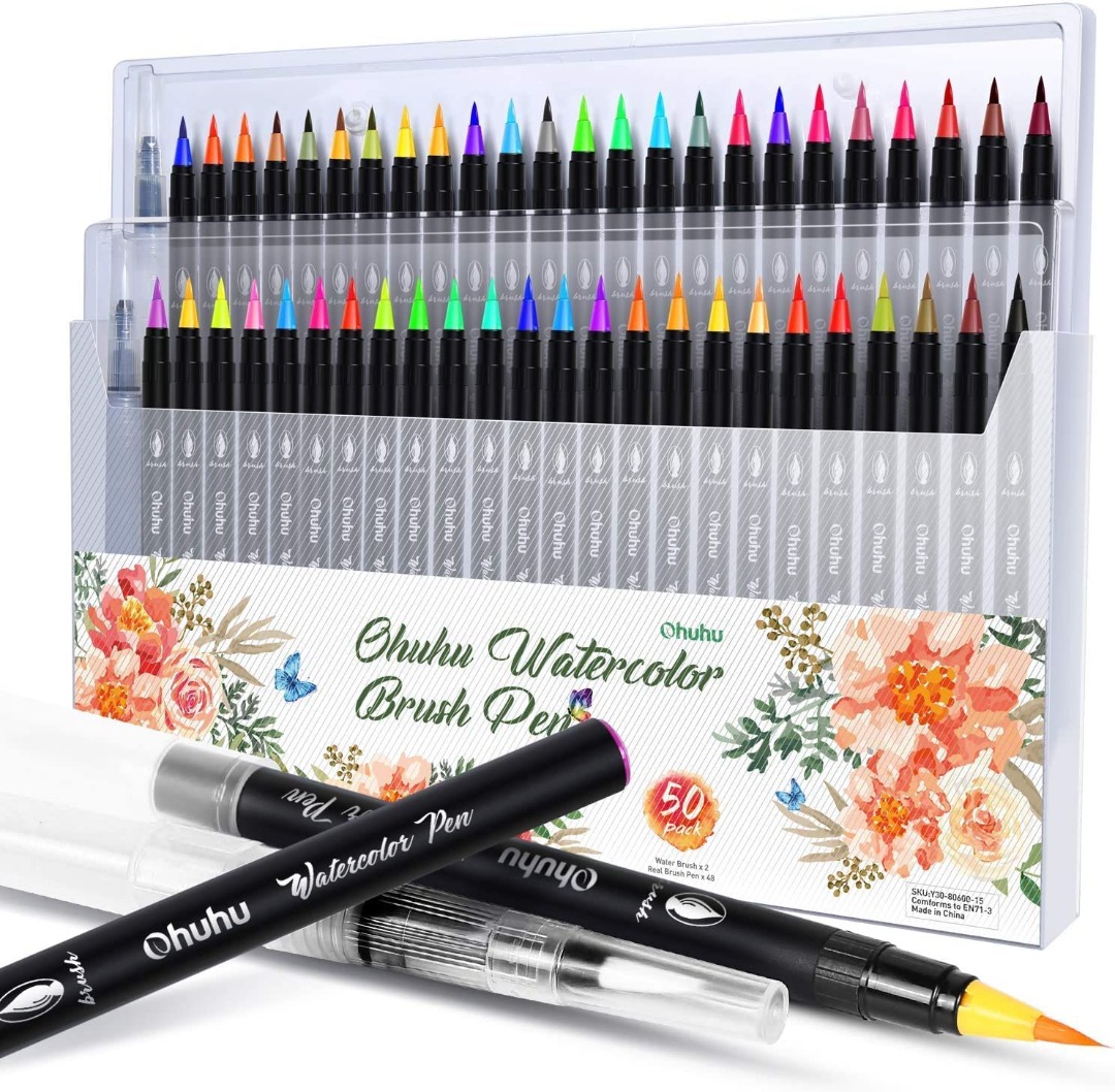Ohuhu Watercolor Brush Markers Pen, 48 Colors Water Based Drawing ...
