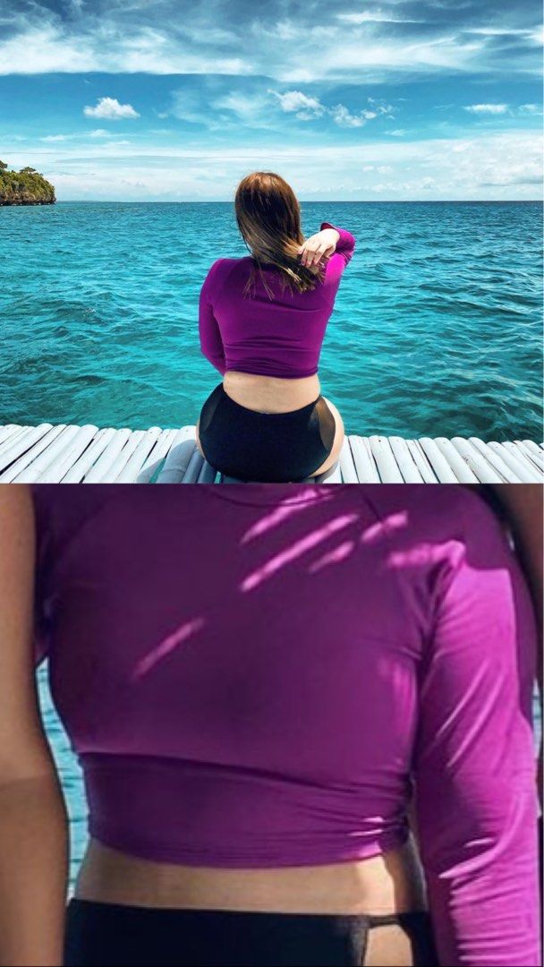 Purple cropped rash guard, Women's Fashion, Swimwear, Rash guard on ...
