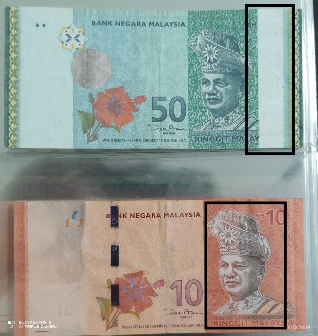 Rm10 bunga hitam. &. Rm50 .tanpa jalur hologram di sebelah potret Agong ...