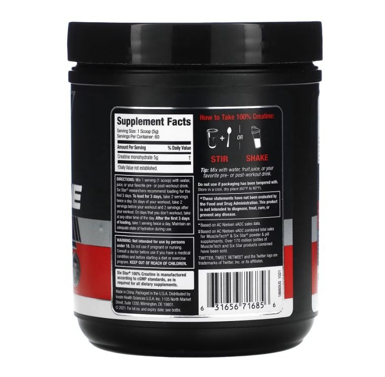 Six Star Elite 100% Creatine Monohydrate 300g 60 Servings Unflavoured ...