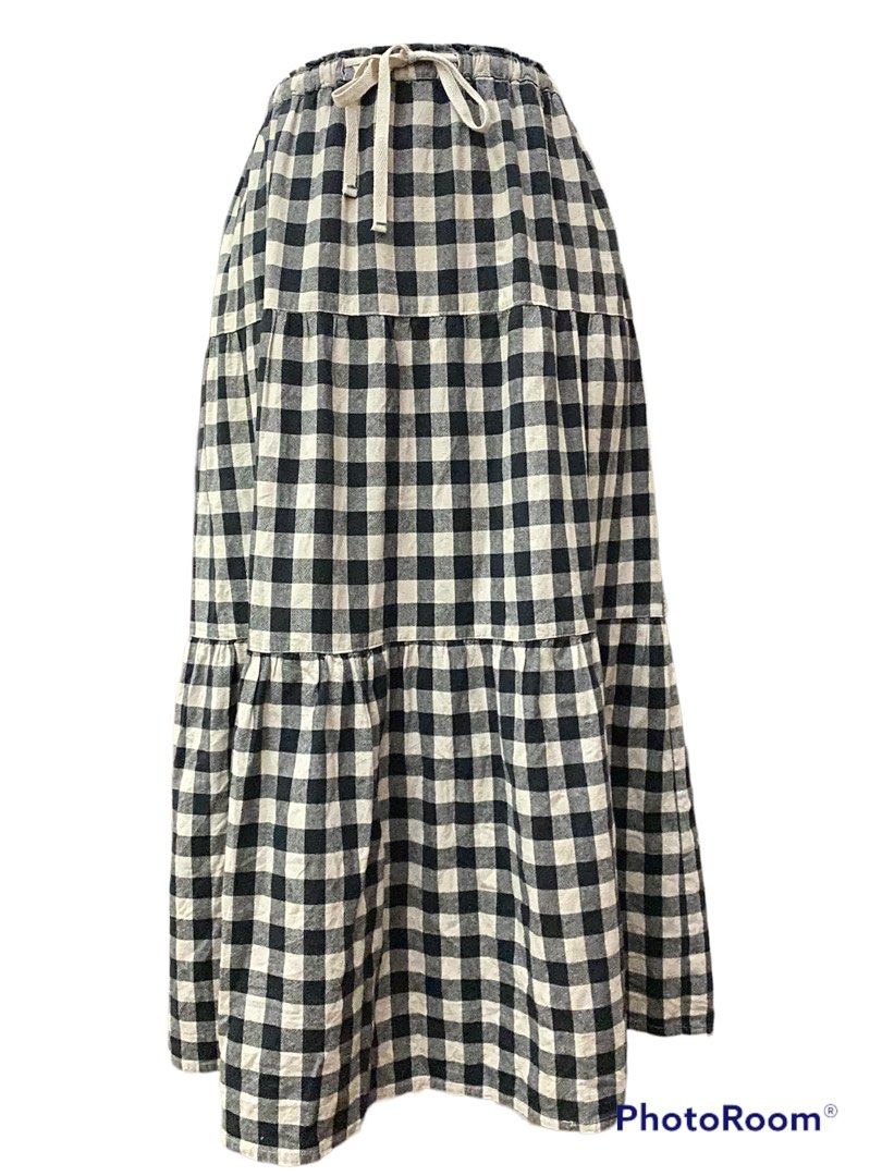 Tiered Gingham Maxi Skirt In Blue Black And White Womens Fashion