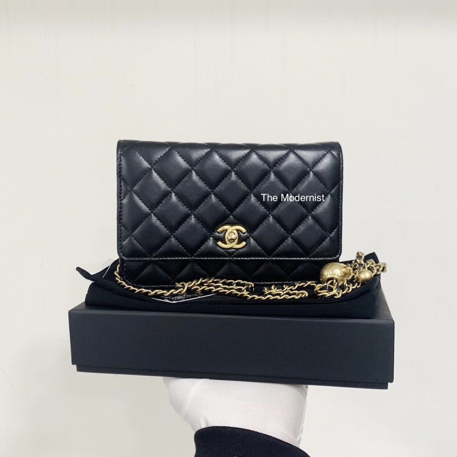 Authentic Chanel Gold Pearl Crush Wallet On Chain Black Lambskin Gold ...