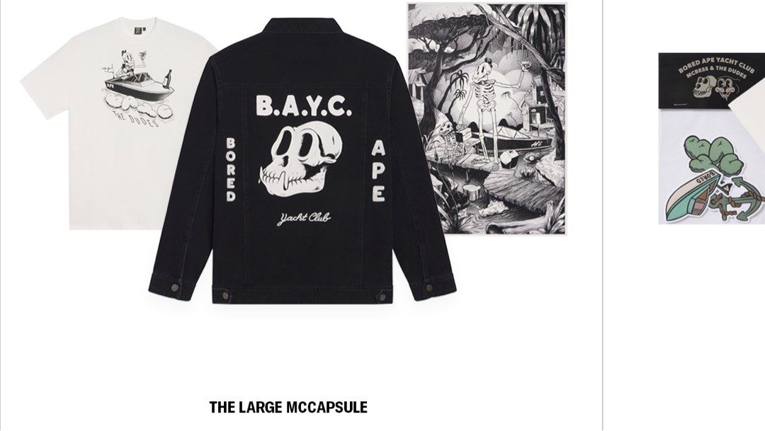 BAYC x mcbess collab large mccapsule denim jacket, 名牌, 服裝 - Carousell