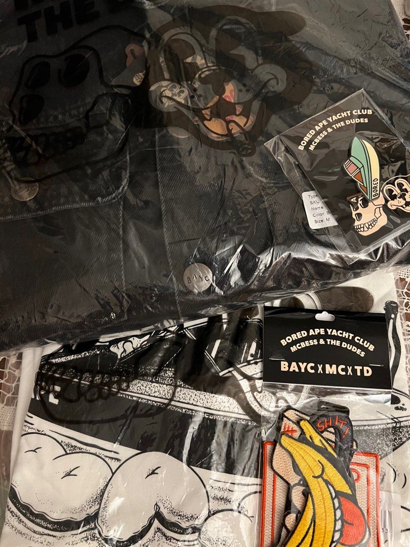 BAYC x mcbess collab large mccapsule denim jacket, 名牌, 服裝 - Carousell