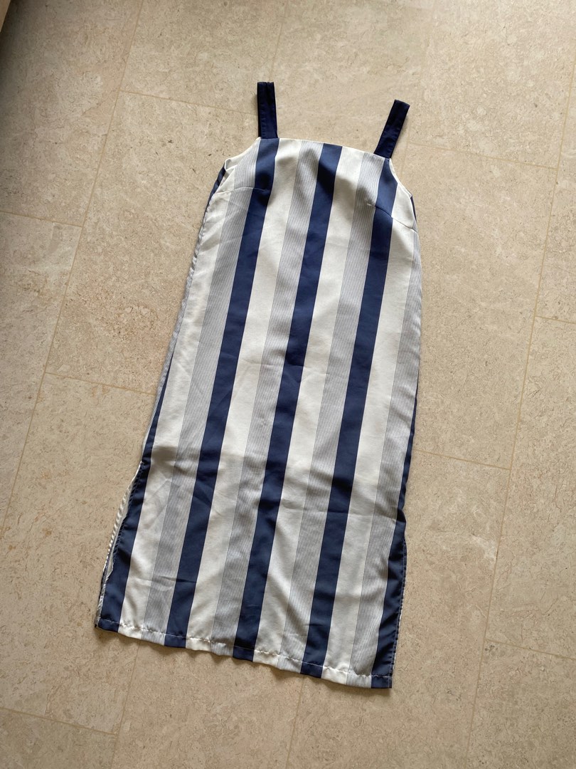 COSMO BLOCK STRIPED BLUE NAVY PASTEL STRAP CAMI MAXI DRESS LONG TIERED ...