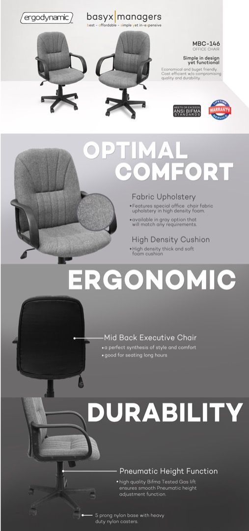 Ergodynamic MBC-146 Mid Back Office Chair Furniture, Staff Chair ...