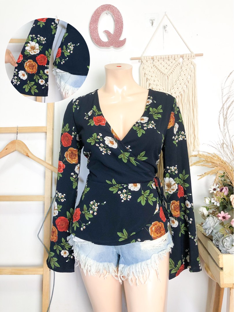 Floral Wrap Around Flare Sleeves Dubai Top, Women's Fashion, Tops ...
