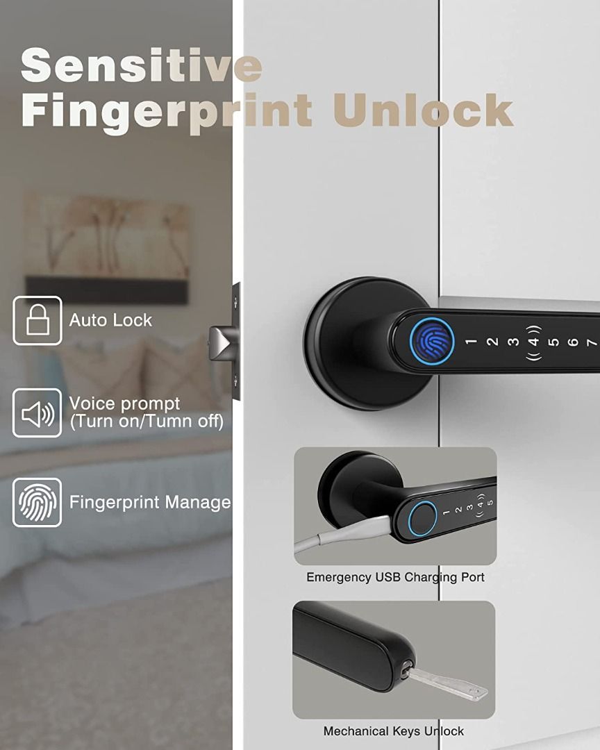 HOOWISER Fingerprint Door Lock Smart Door Knob Handle Biometric Door ...