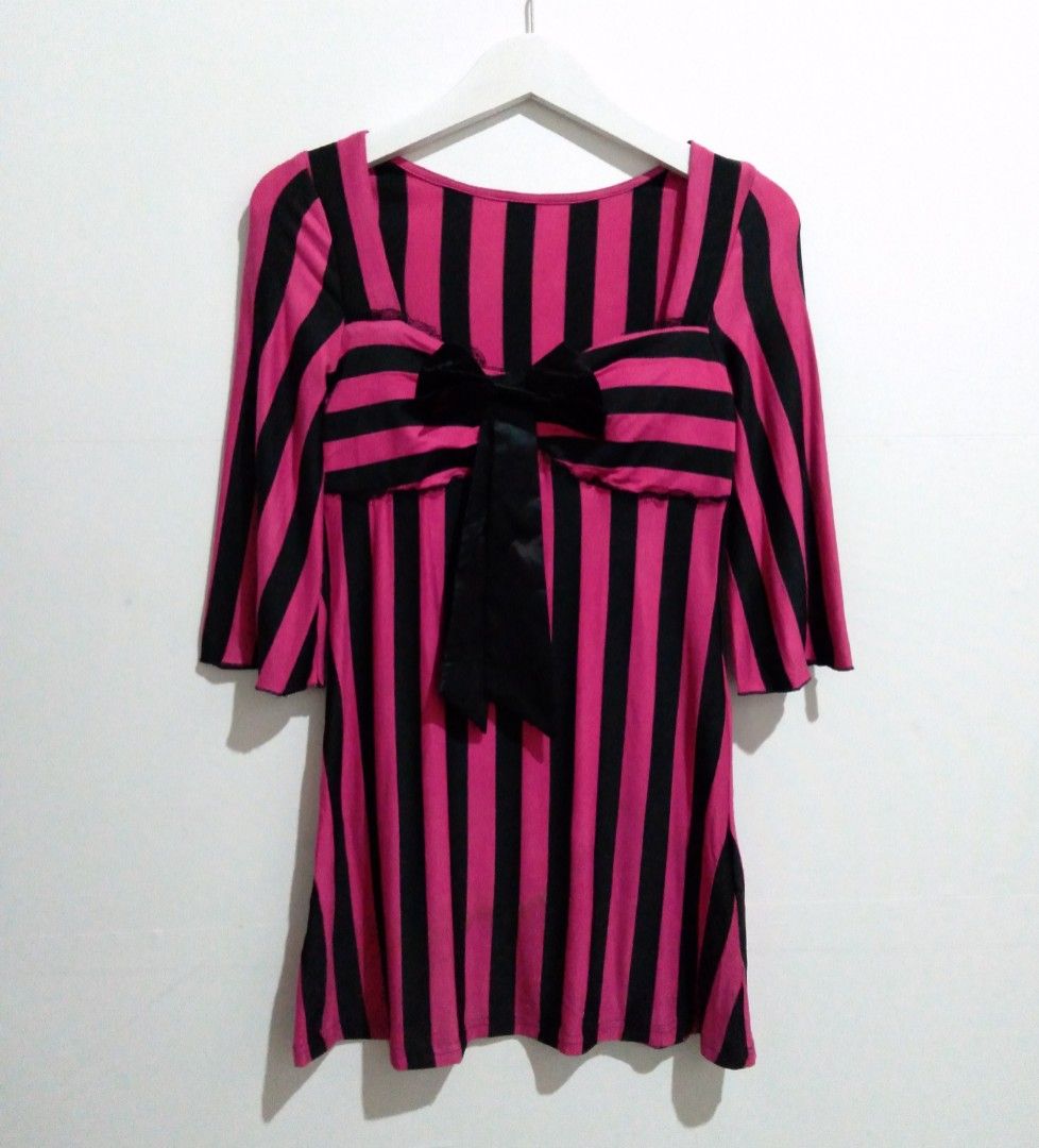 Midi Dress Lengan 7/8 | Midi Dress Pink | Midi Dress Garis-garis | Midi ...