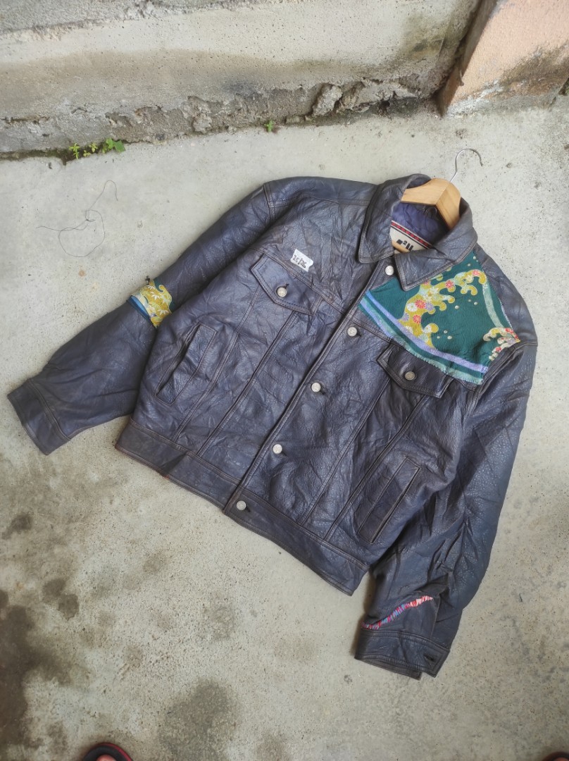 mr junko jeans vintage vtg distressed leather kulit trucker jacket ...