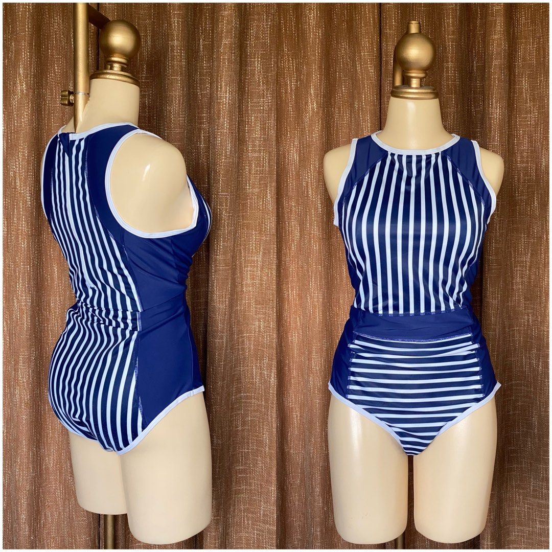 Navy Blue Stripe One Piece Swimsuit, Women's Fashion, Swimwear, Bikinis ...