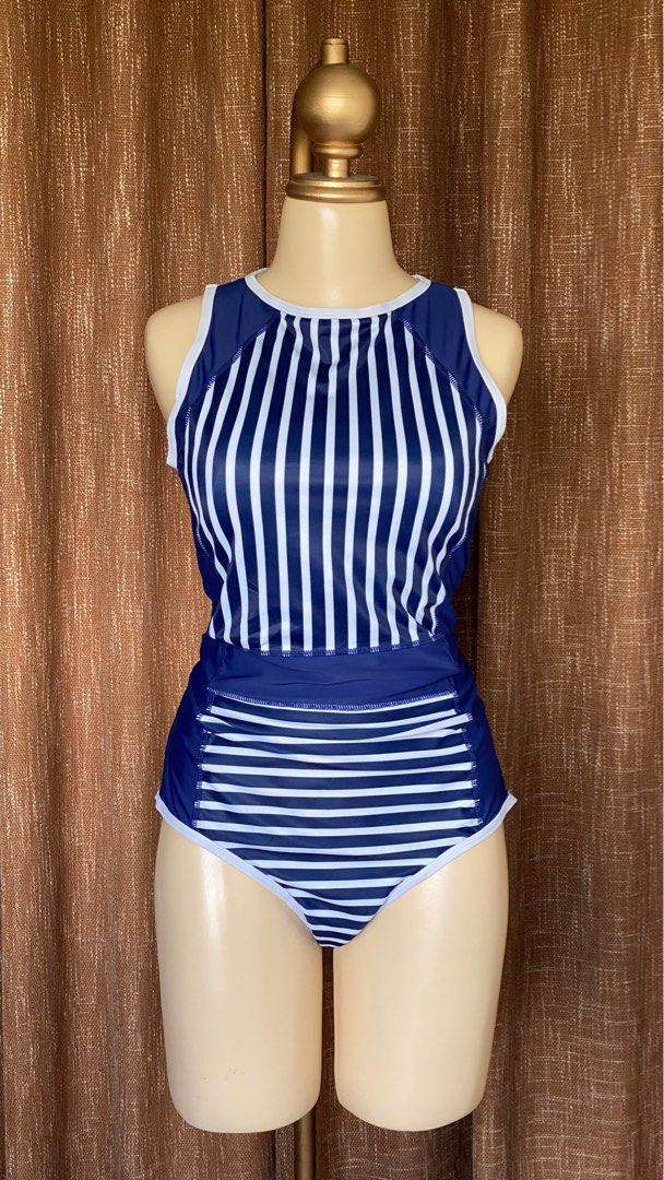 Navy Blue Stripe One Piece Swimsuit Womens Fashion Swimwear Bikinis