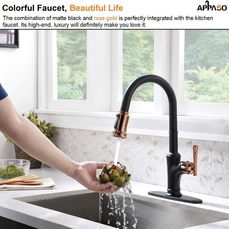 [sg stock] APPASO Matte Black & Rose Gold Kitchen Faucet With Pull Down ...
