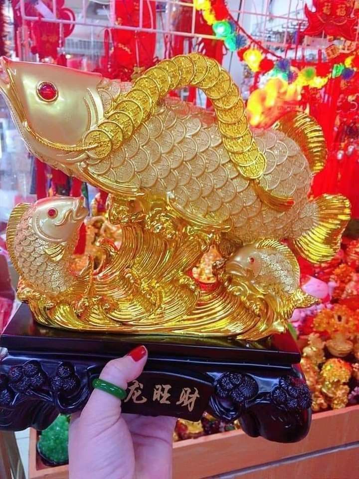Three gold fish with money coin Fengshui display, Furniture & Home ...