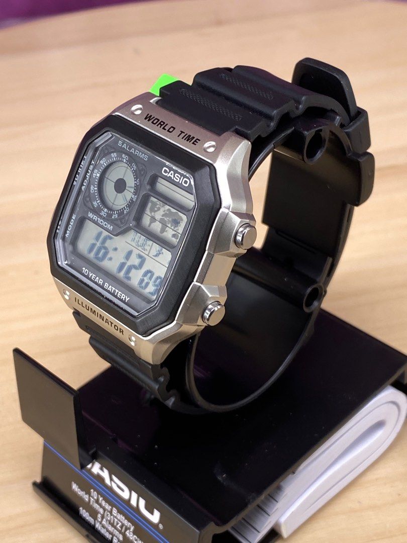 Casio World timer Watch Black Resin Band Ref. AE-1200WH-1CVCF, 男裝, 手錶及 ...