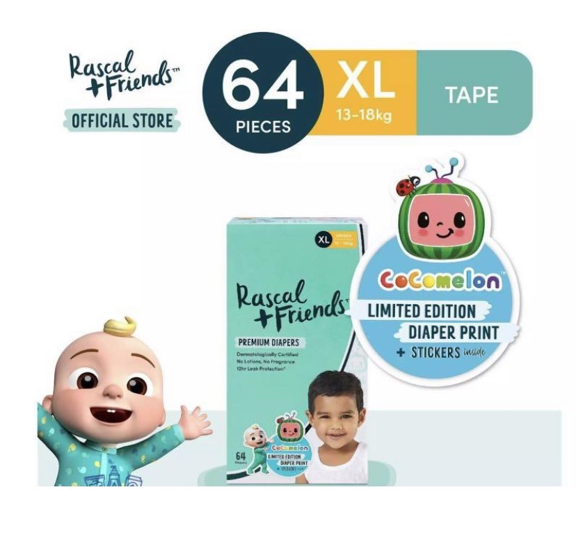 Rascal + Friends Cocomelon Prints Tape Diapers - Size XL, Babies & Kids ...