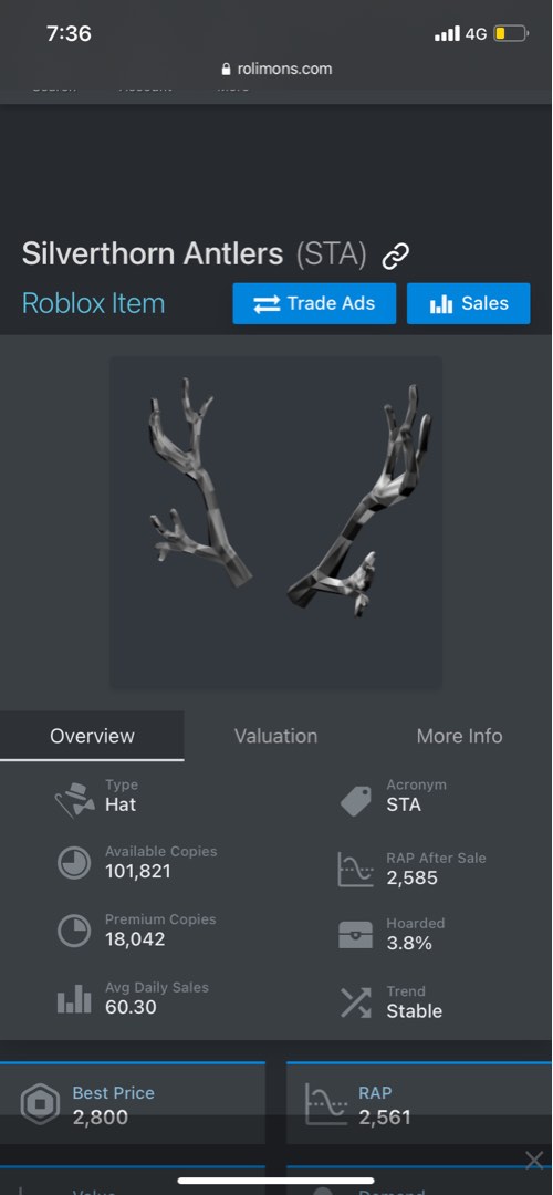 Roblox limited Silverthorn Antlers, Video Gaming, Gaming Accessories ...