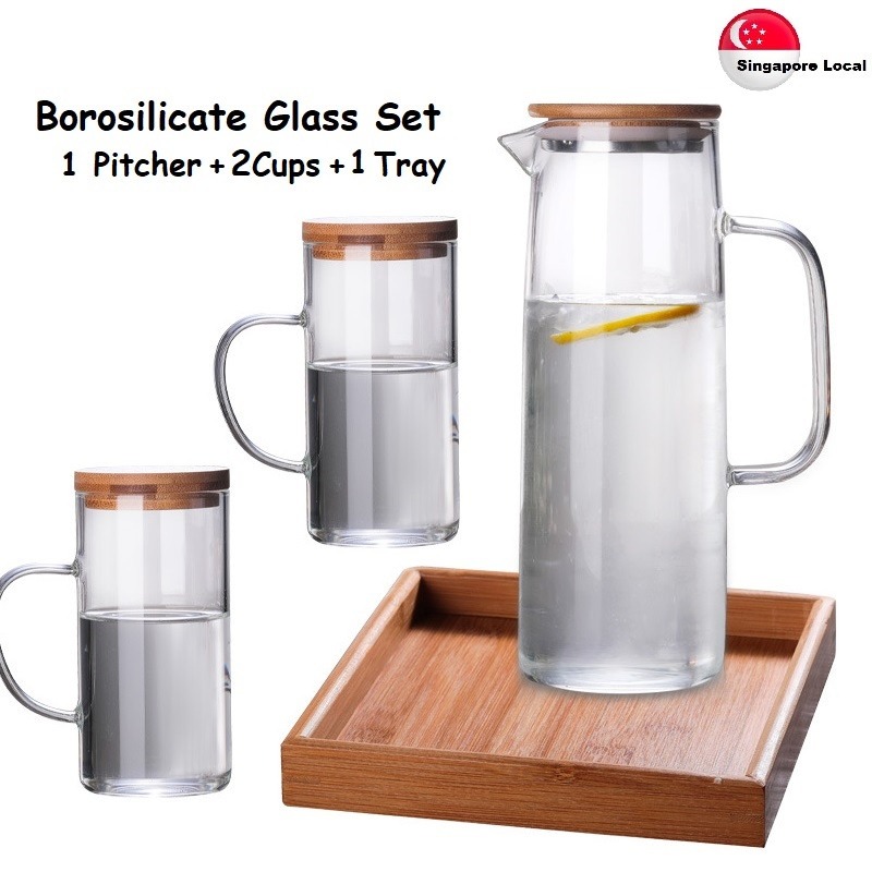 1.3L Large Capacity Glass Pitcher with Tray and two cups Borosilicate ...