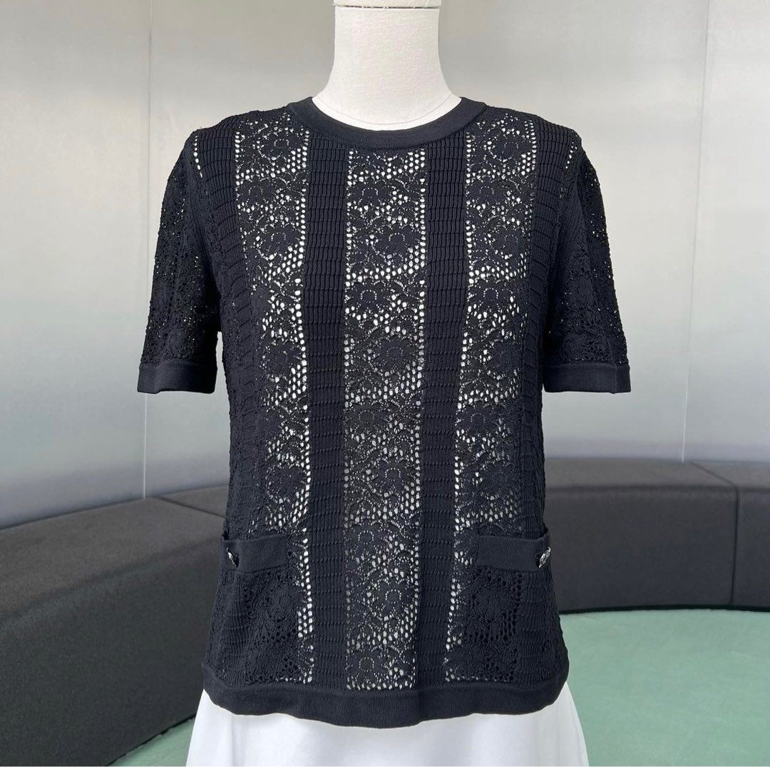 Chanel CC Lace Top Size 38 Black, Luxury, Apparel on Carousell