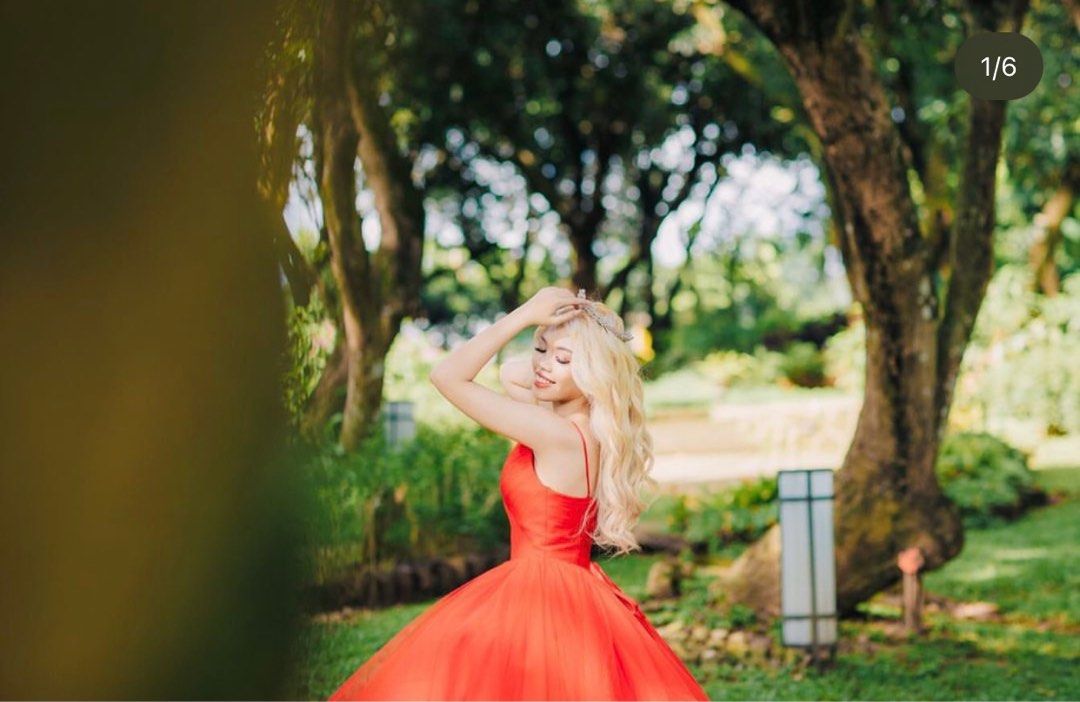 JS PROM DEBUT RED BALL GOWN WITH TULLE AND PUFF THING, Women's Fashion ...