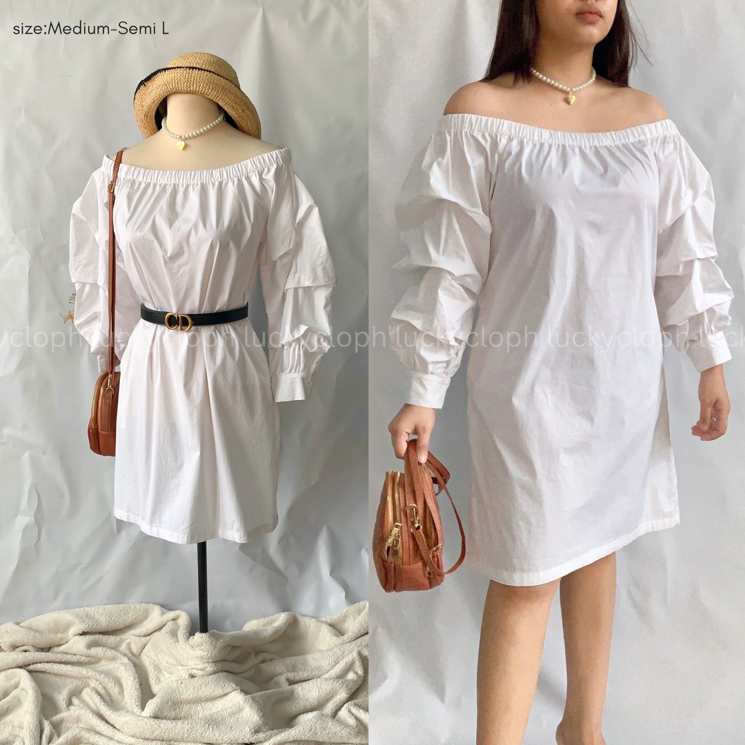 Plain white off shoulder puff sleeves dress on Carousell